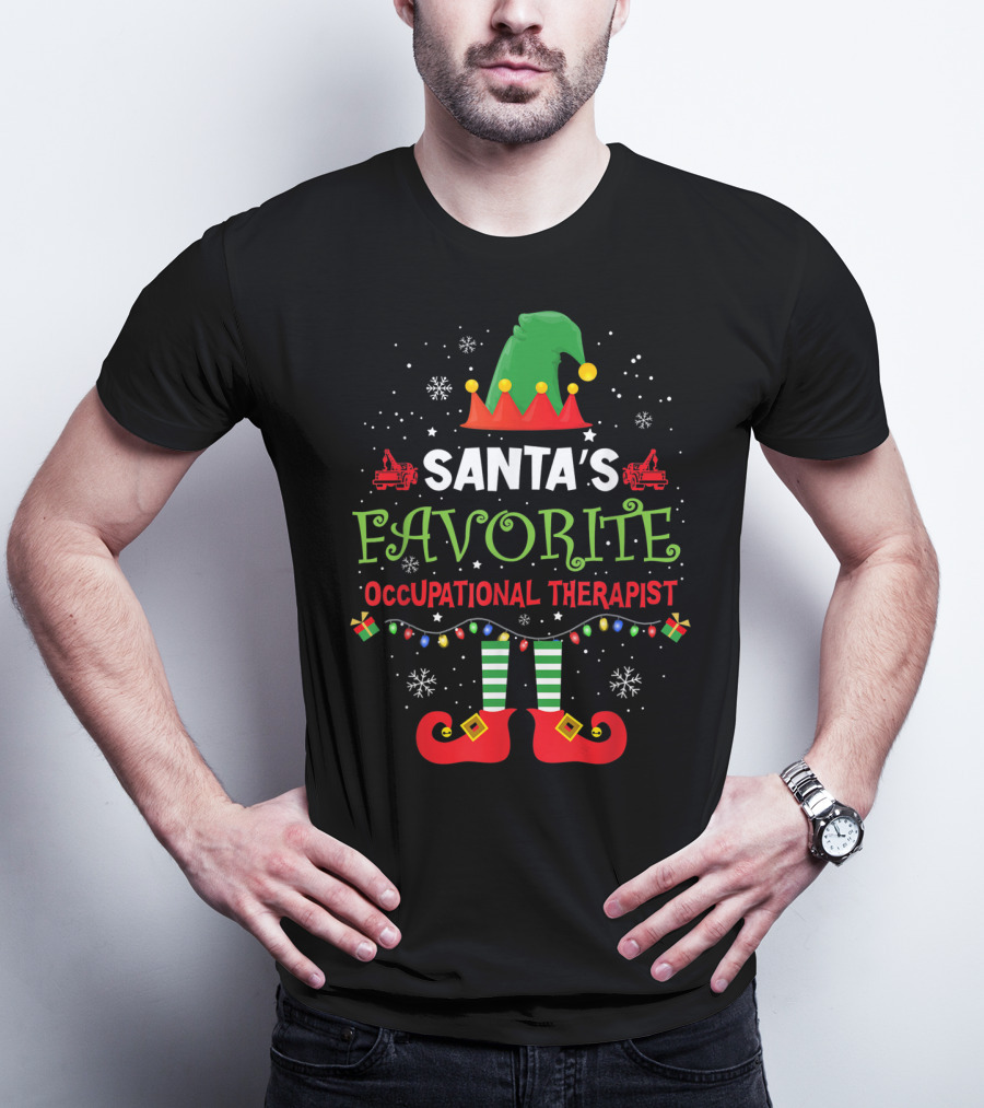 Santa's Favorite Occupational Therapist Merry Christmas Elf Hat Lights Snowflakes T-Shirt