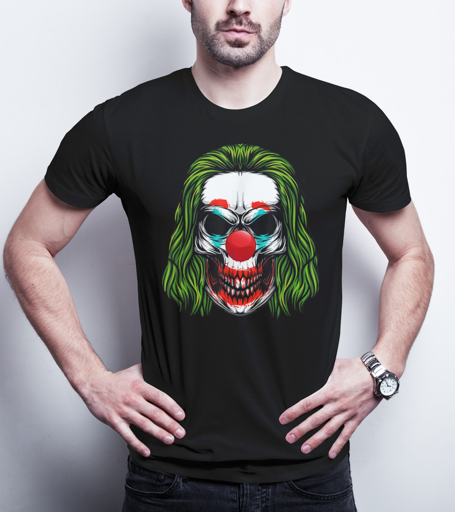 Scary Clown Skull Horror With Green Hair And Red Nose T-Shirt