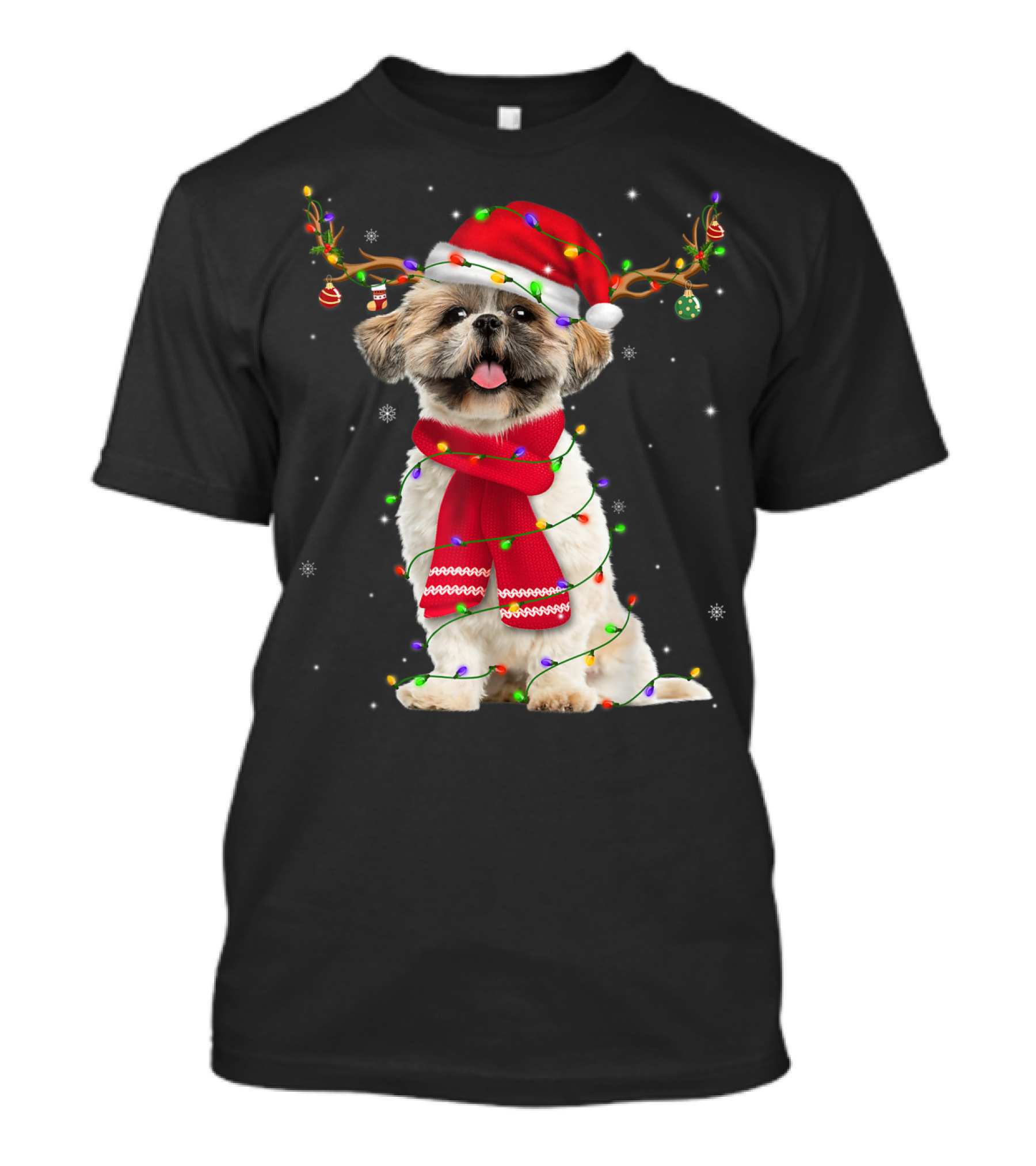 Shih Tzu Christmas Reindeer Antlers Red Scarf Santa Hat Festive Lights T-Shirt