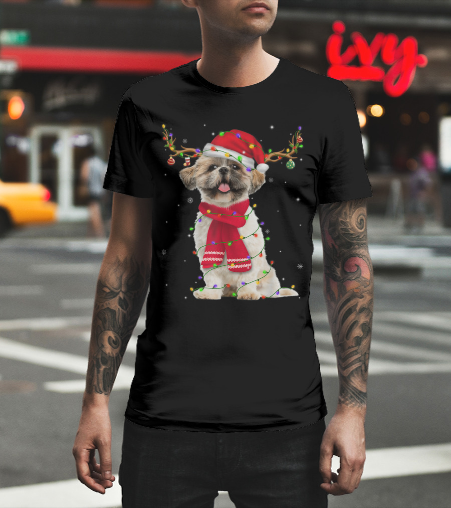 Shih Tzu Christmas Reindeer Antlers Red Scarf Santa Hat Festive Lights T-Shirt
