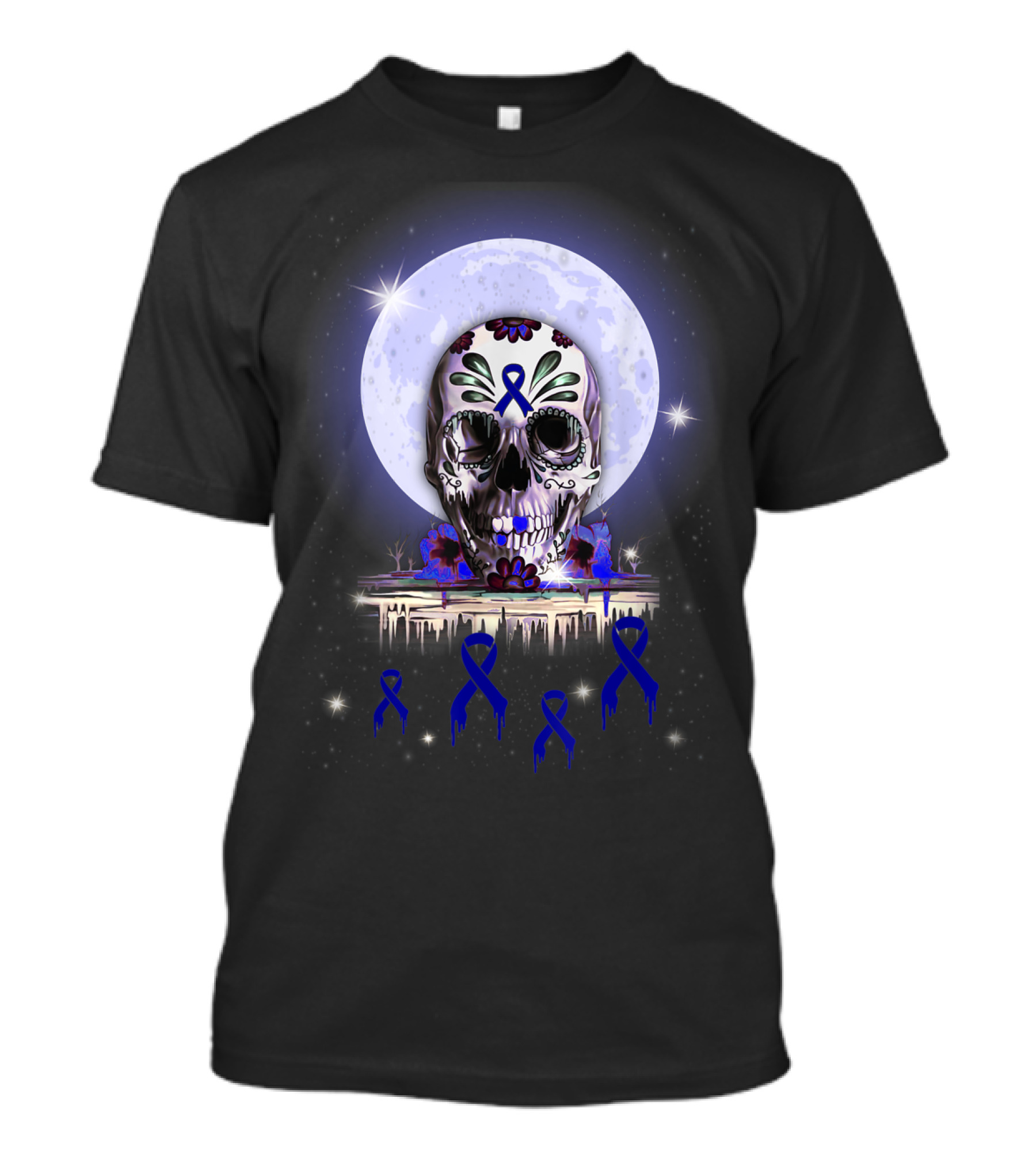 Skull With Floral Motifs And Blue Ribbon In Front Of Full Moon For Rectal Cancer Awareness T-Shirt