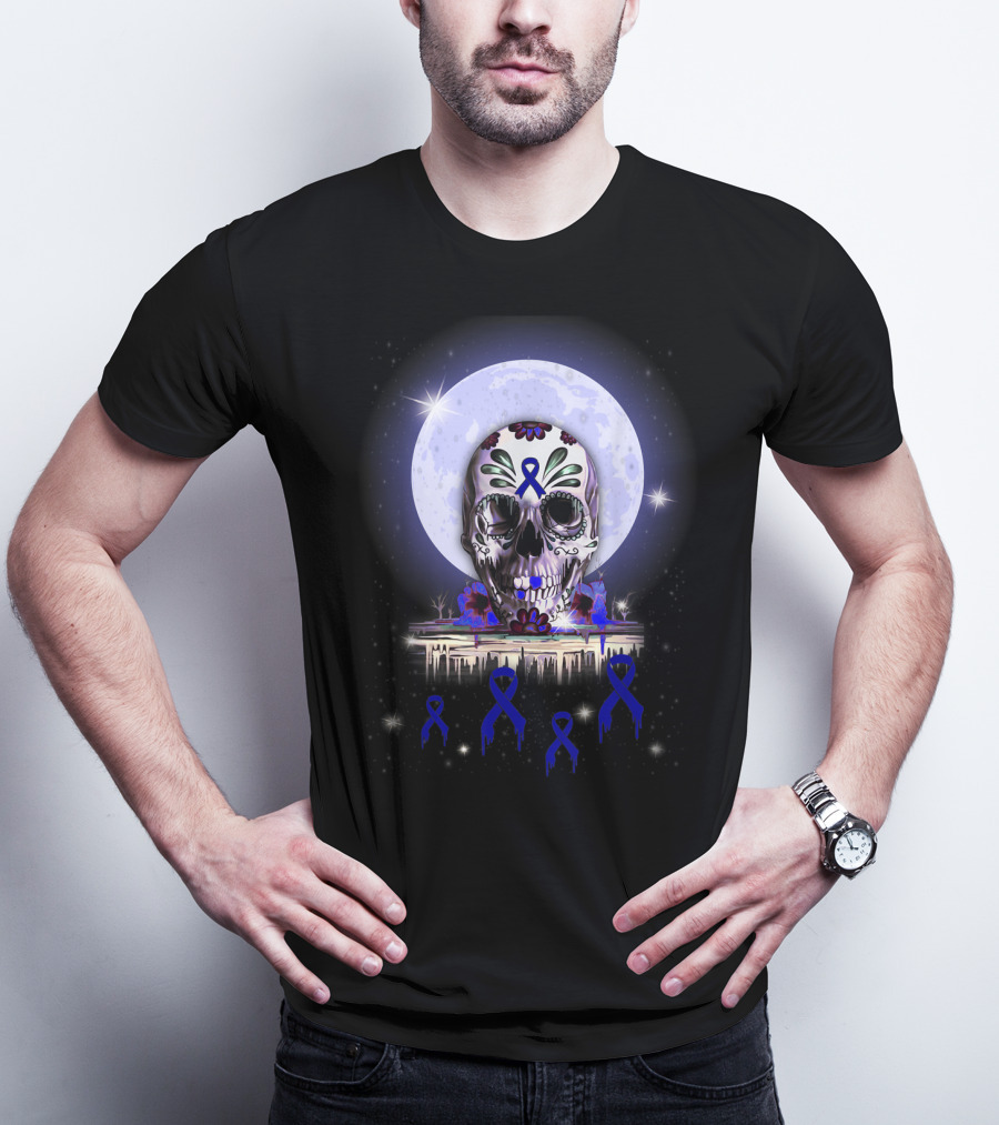 Skull With Floral Motifs And Blue Ribbon In Front Of Full Moon For Rectal Cancer Awareness T-Shirt