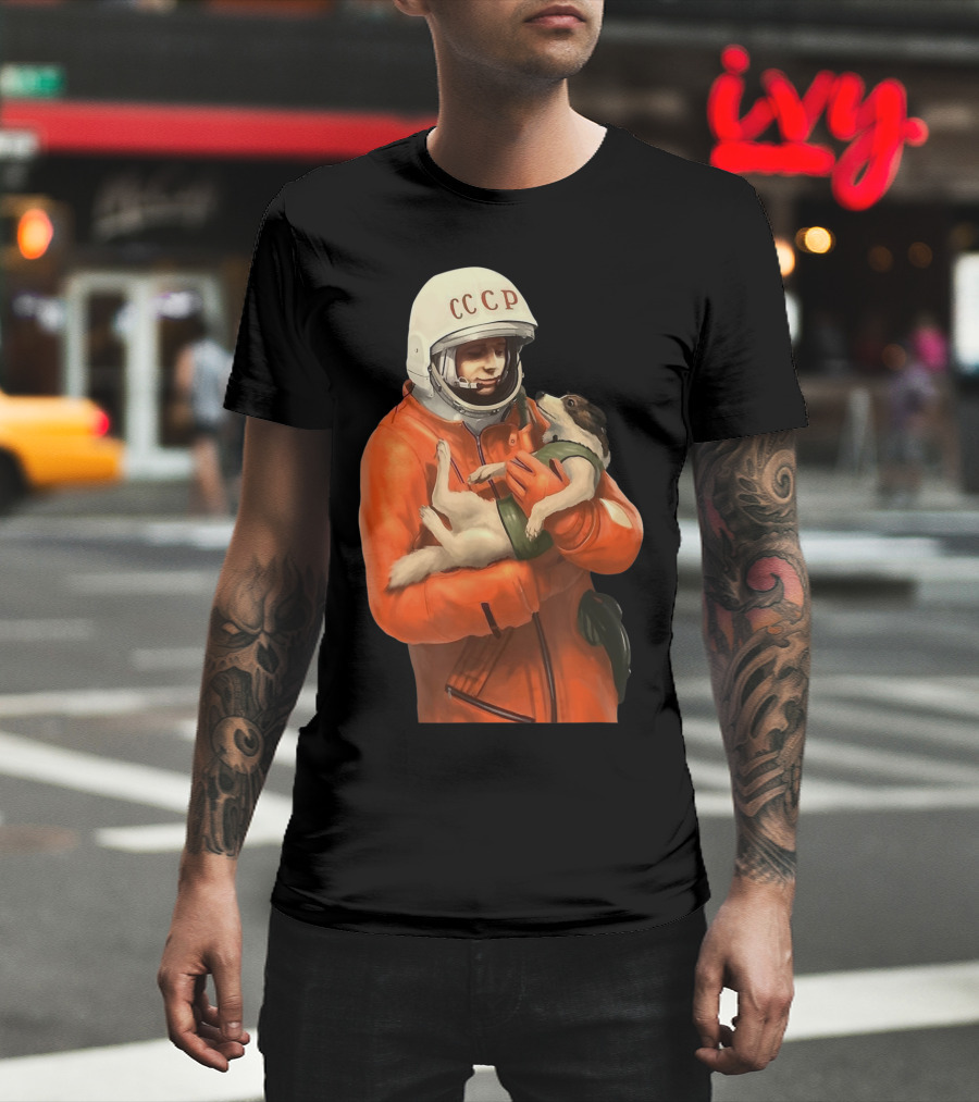 Soviet Space Gagarin USSR CCCP Cosmonaut With Dog In Orange Suit T-Shirt