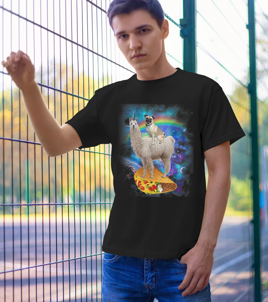 Space Pug On Llama With Taco In Galaxy Background T-Shirt