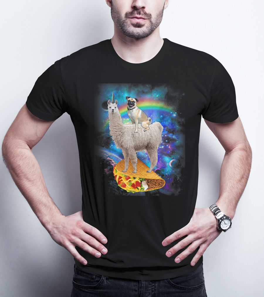 Space Pug On Llama With Taco In Galaxy Background T-Shirt