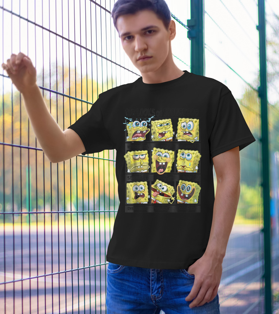 The Looks Of Spongebob Hysterical Angry Scared Stressed Joy Sad Embarrassed Wacky Excited T-Shirt
