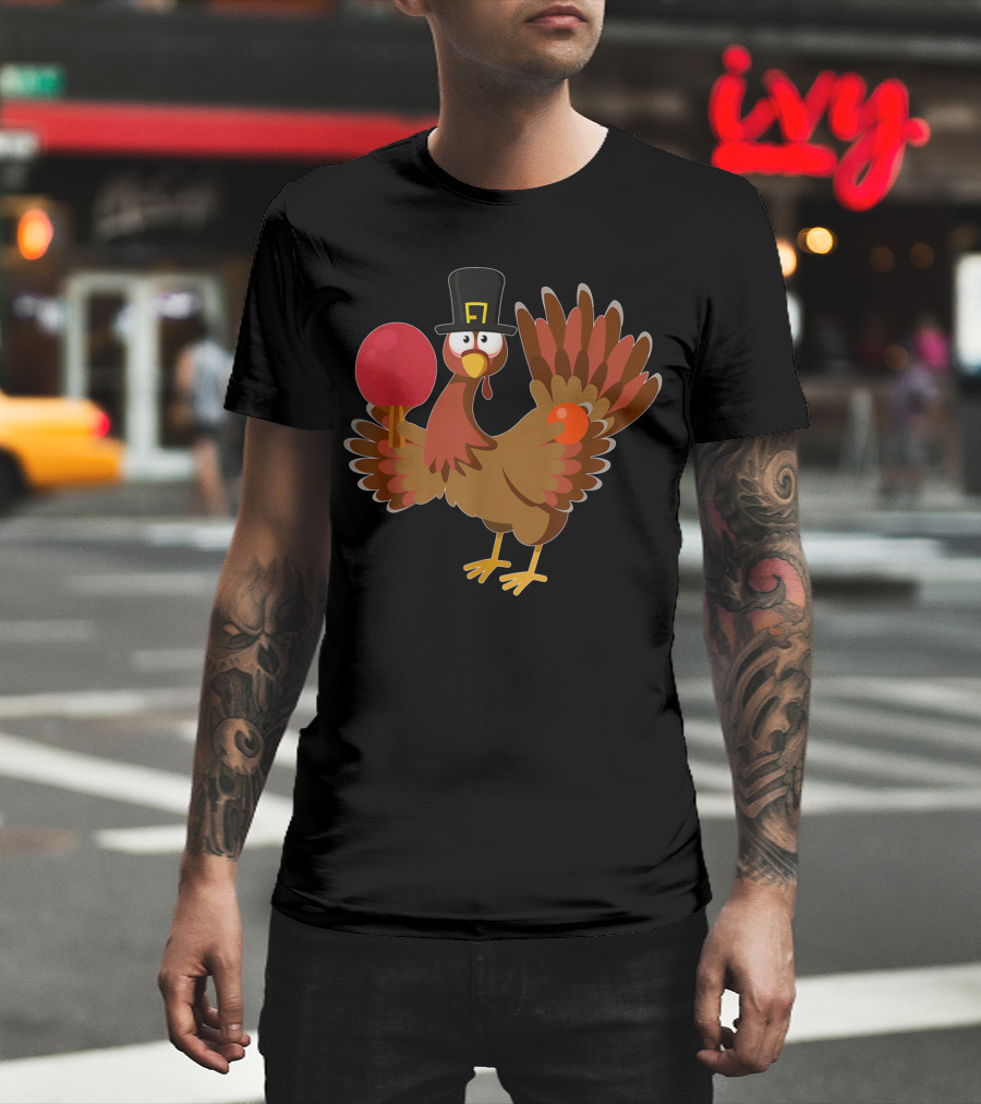 Thanksgiving Turkey Playing Ping Pong With Paddle And Pilgrim Hat T-Shirt