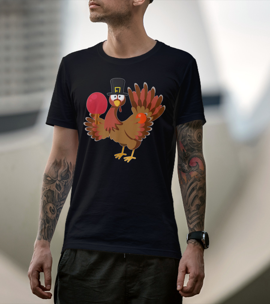 Thanksgiving Turkey Playing Ping Pong With Paddle And Pilgrim Hat T-Shirt