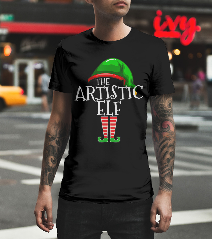 The Artistic Elf Green Hat Red Striped Socks T-Shirt