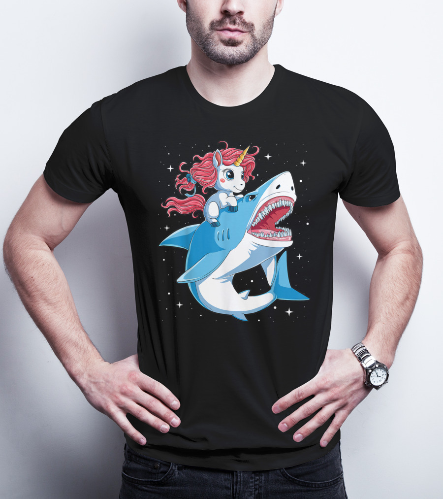 Unicorn Riding Shark In Space Galaxy Adventure T-Shirt