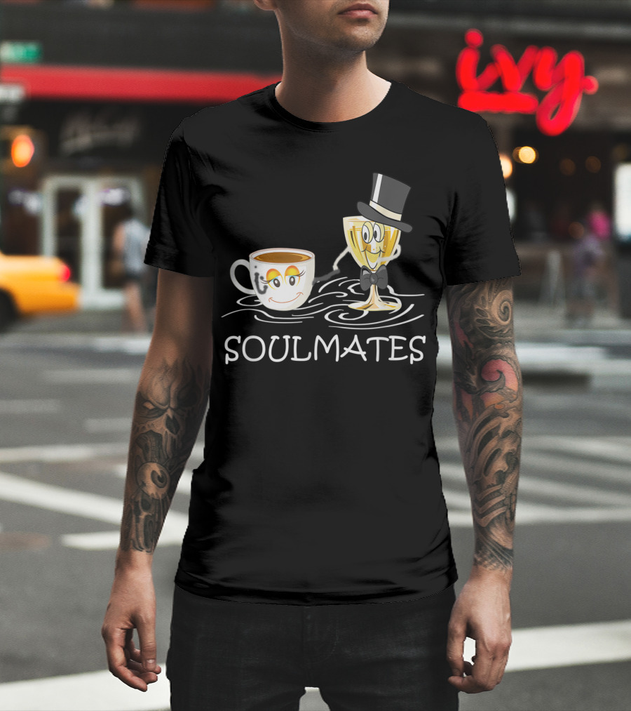 Funny Wine And Coffee Soulmates With Smiling Cup And Glass In Love T-Shirt