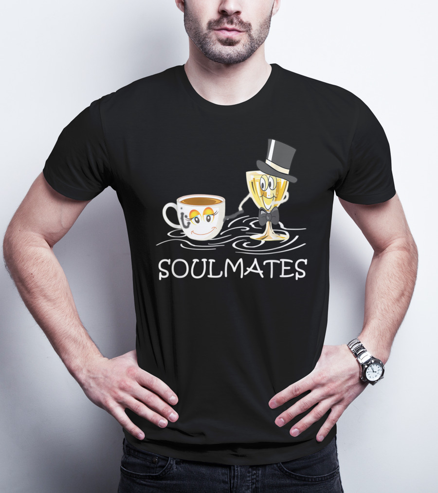 Funny Wine And Coffee Soulmates With Smiling Cup And Glass In Love T-Shirt