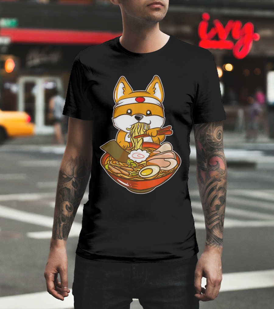 Kawaii Japanese Anime Shiba Inu Enjoying Ramen Bowl T-Shirt