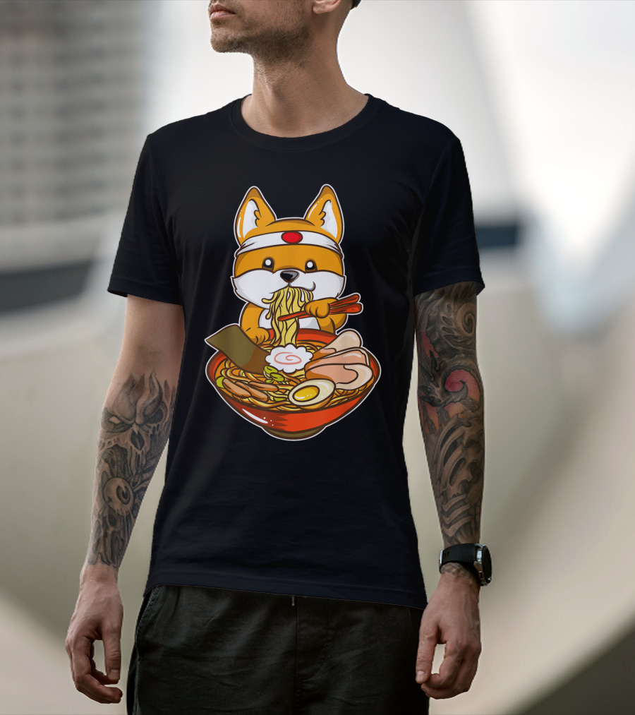 Kawaii Japanese Anime Shiba Inu Enjoying Ramen Bowl T-Shirt