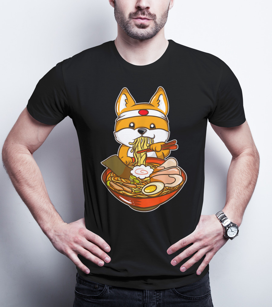 Kawaii Japanese Anime Shiba Inu Enjoying Ramen Bowl T-Shirt