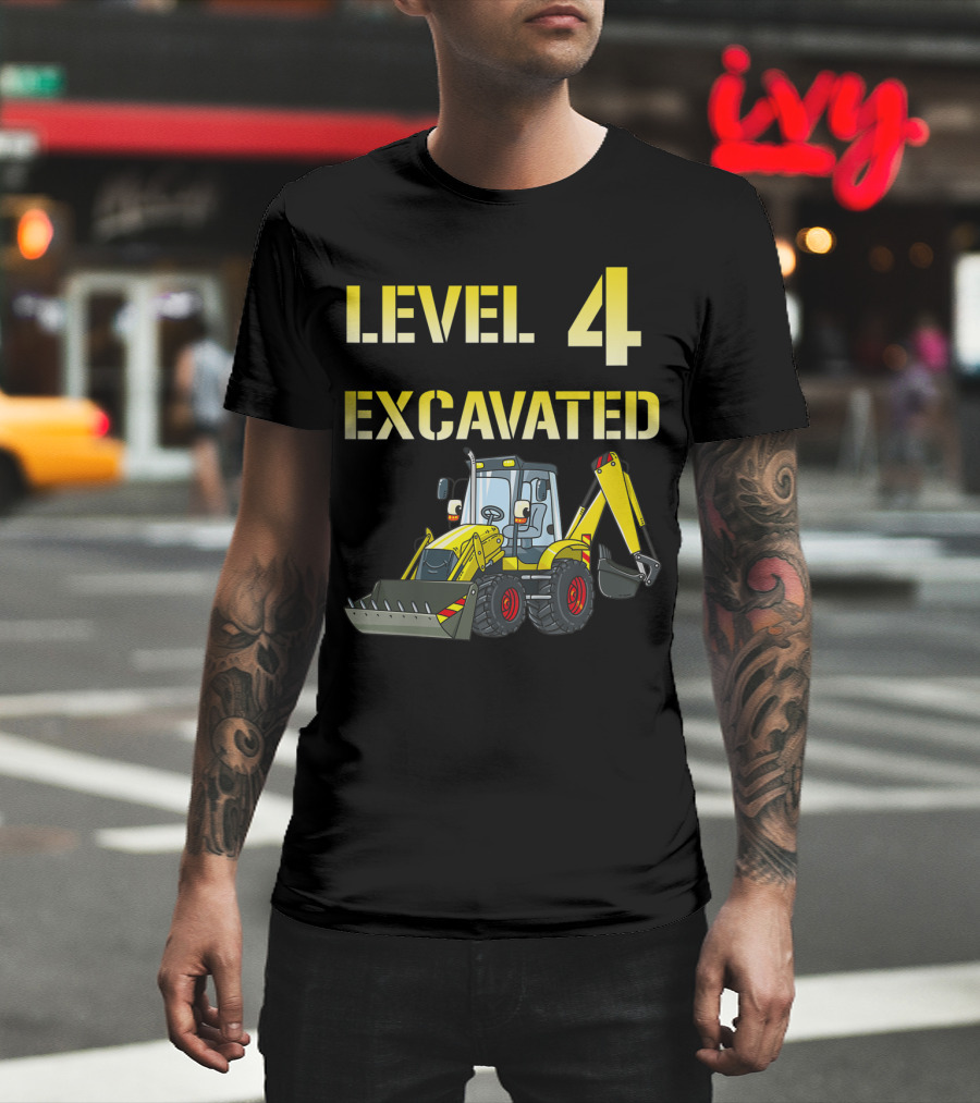 Level 4 Excavated Kids Excavator Birthday 4 Year Old Bday Boy T-Shirt