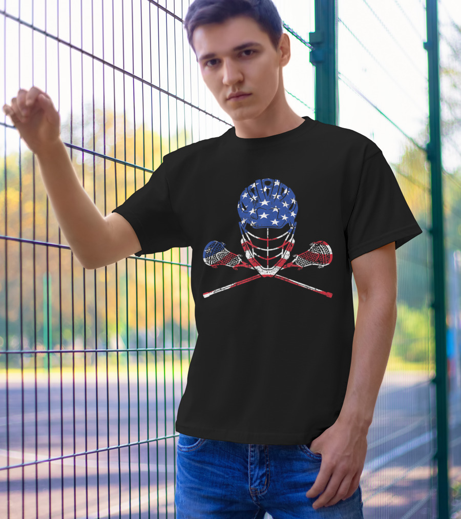 American Flag Lax Helmet And Sticks Lacrosse T-Shirt