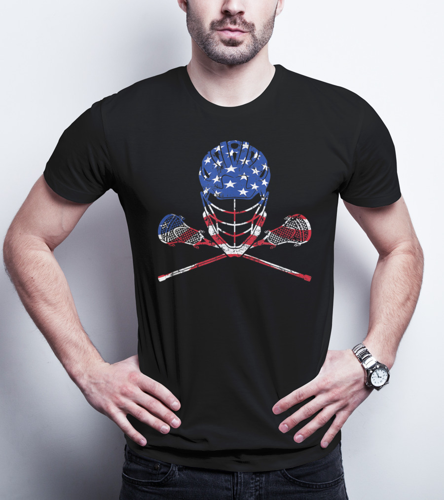 American Flag Lax Helmet And Sticks Lacrosse T-Shirt