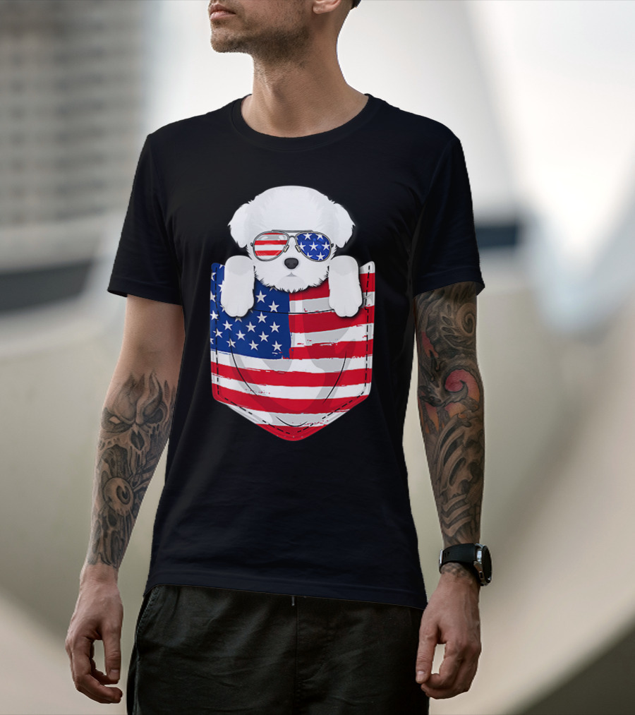 Maltese Dog Peeking Pocket American Flag Sunglasses T-Shirt
