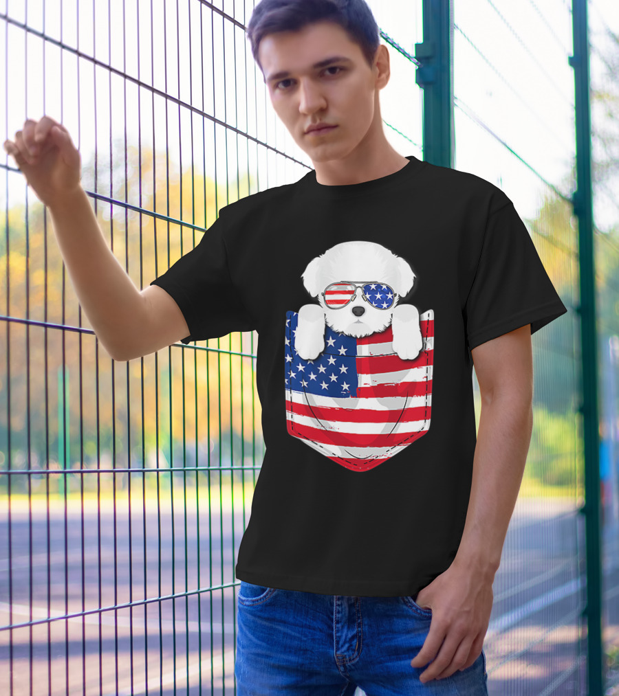 Maltese Dog Peeking Pocket American Flag Sunglasses T-Shirt