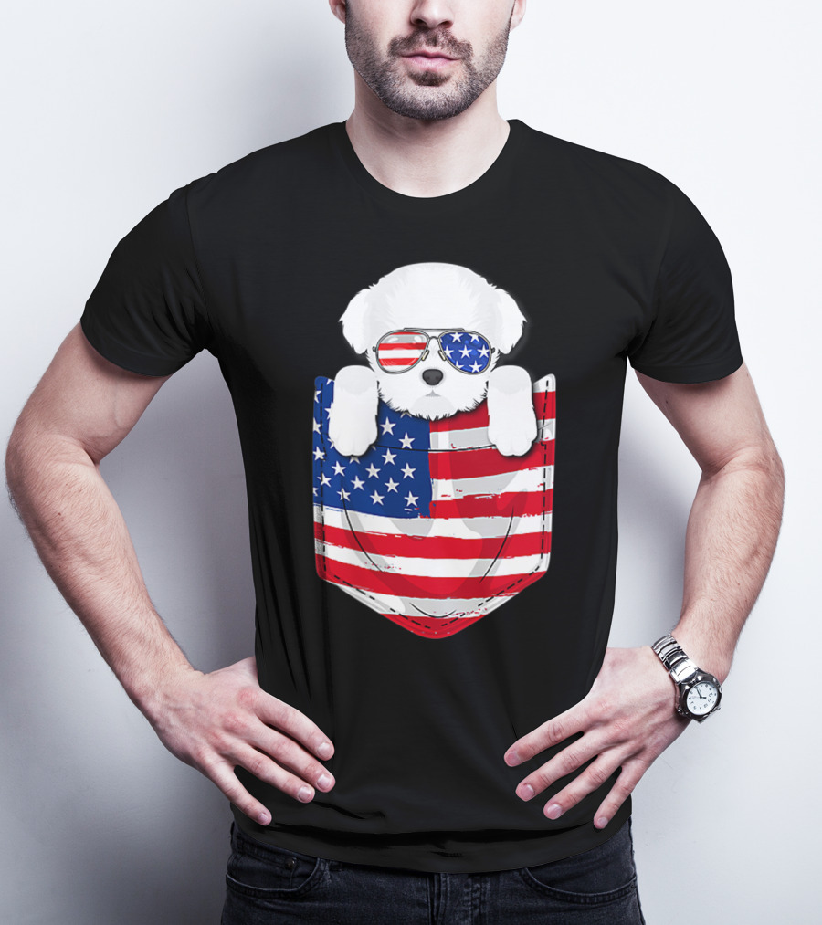 Maltese Dog Peeking Pocket American Flag Sunglasses T-Shirt