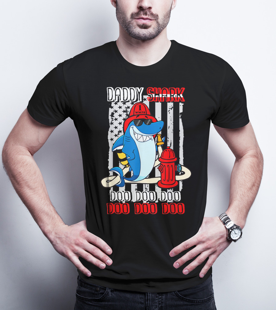 Daddy Shark Firefighter Doo Doo Doo WMFR American Flag T-Shirt