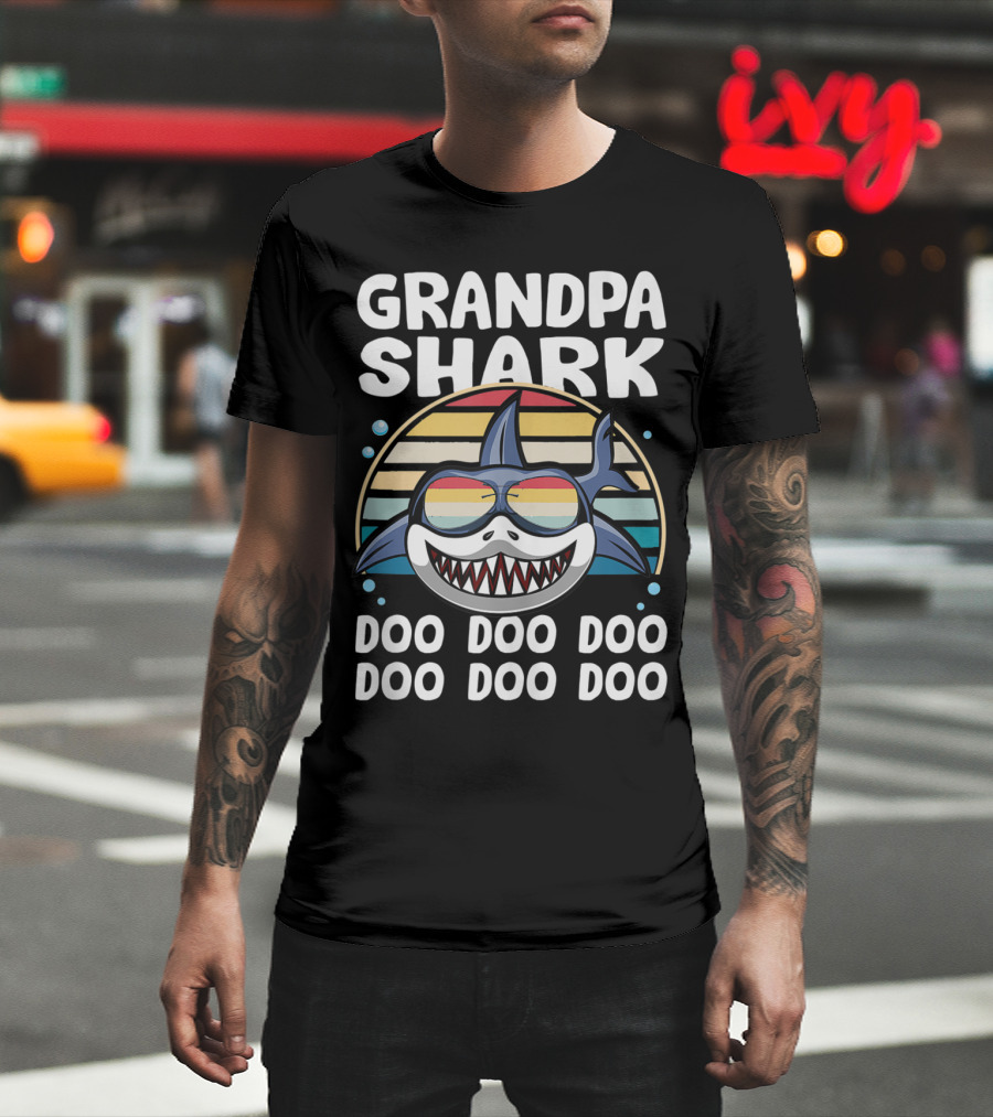 Grandpa Shark Doo Doo Doo Retro Style With Sunglasses T-Shirt
