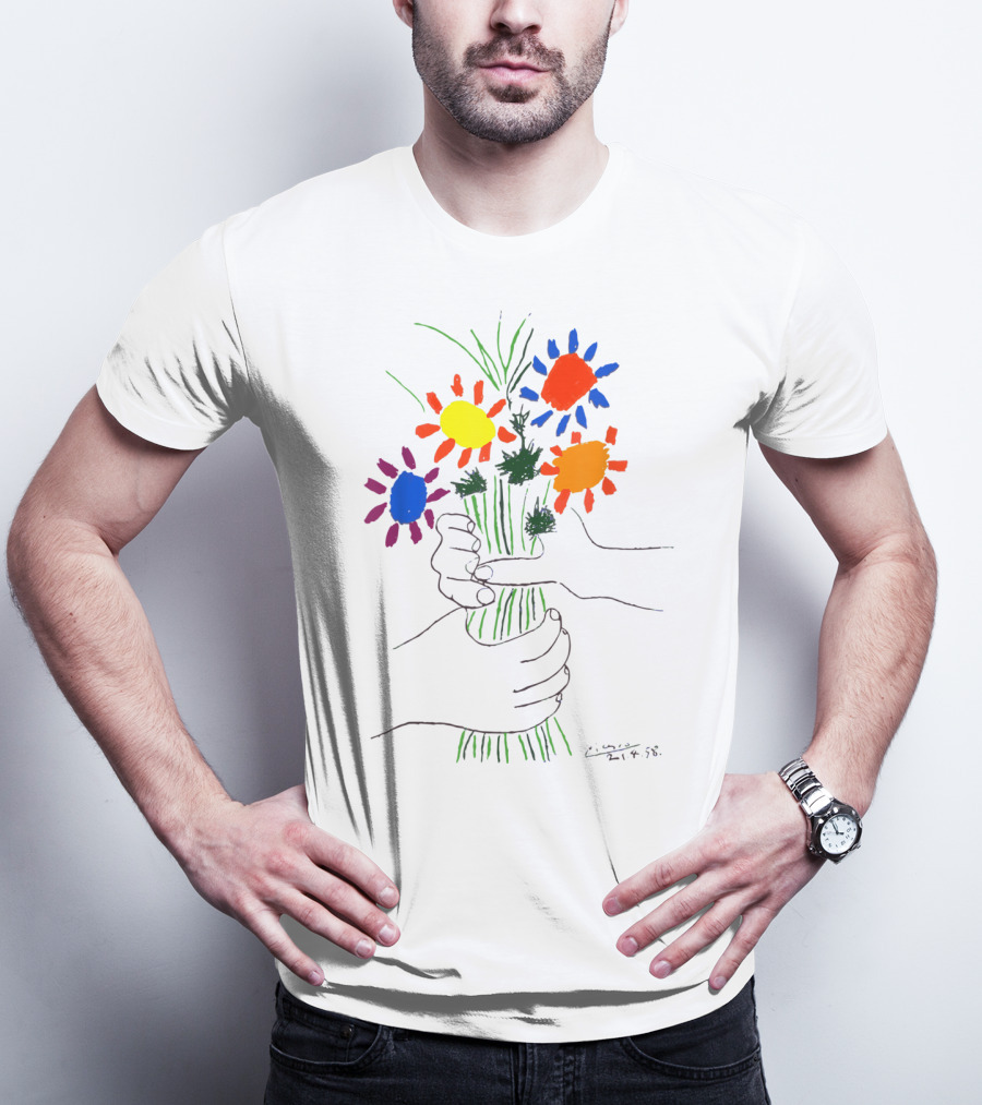 Pablo Picasso Colorful Bouquet With Hands Of Peace Signature 1958 T-Shirt