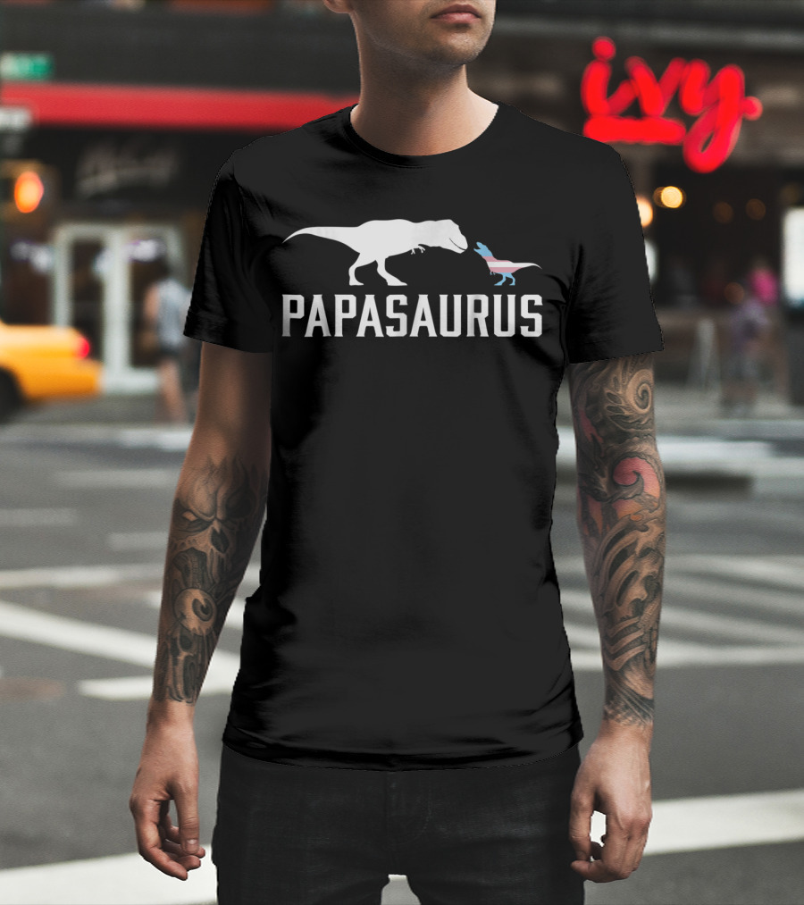 Papasaurus Transgender Flag T-Rex And Baby Dinosaurs T-Shirt