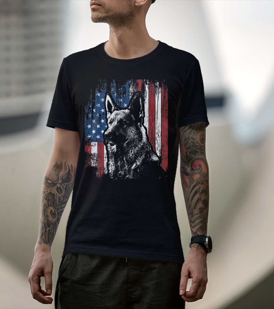 Patriotic German Shepherd With American Flag Background T-Shirt