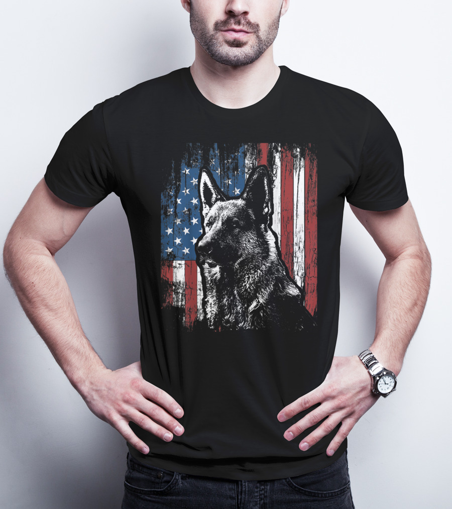 Patriotic German Shepherd With American Flag Background T-Shirt