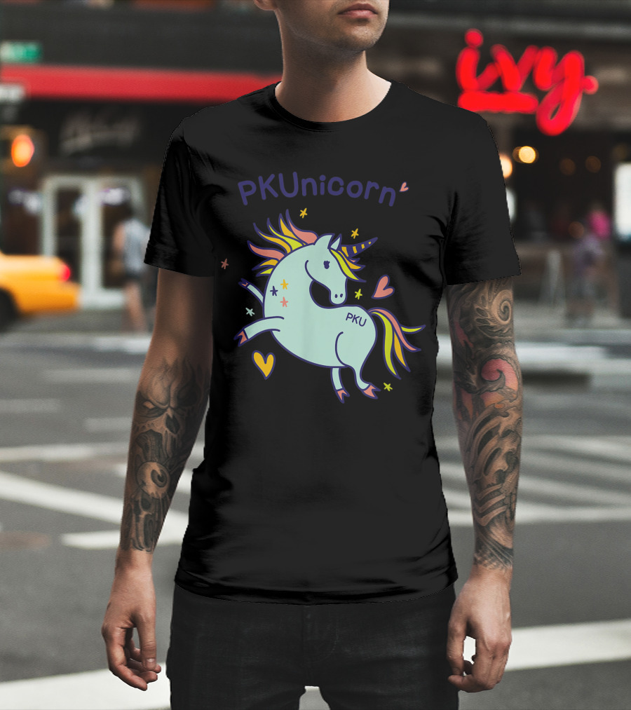 PKUnicorn PKU Awareness Cute Unicorn With Hearts And Stars T-Shirt