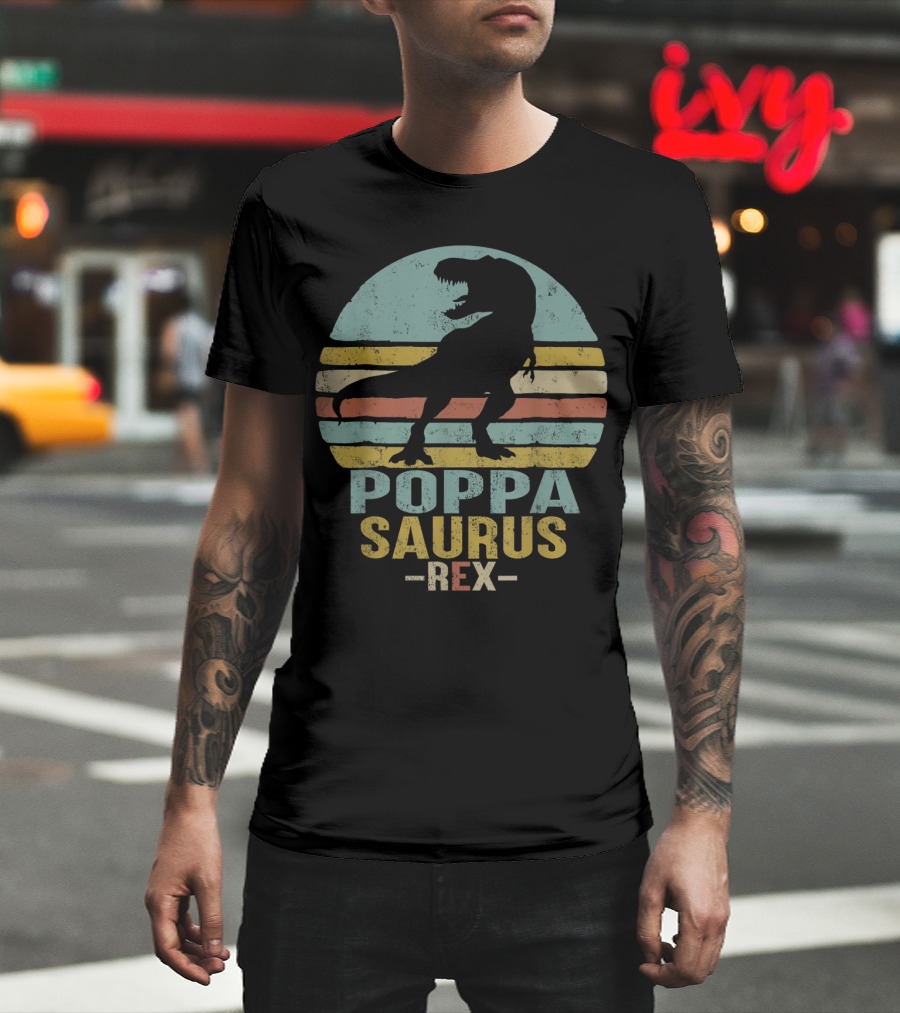 Poppasaurus Rex Retro Dinosaur Silhouette Poppa Saurus T-Shirt