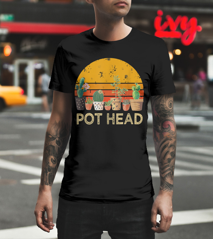 Pot Head Stone Flowers Cactus Vintage Sunset T-Shirt