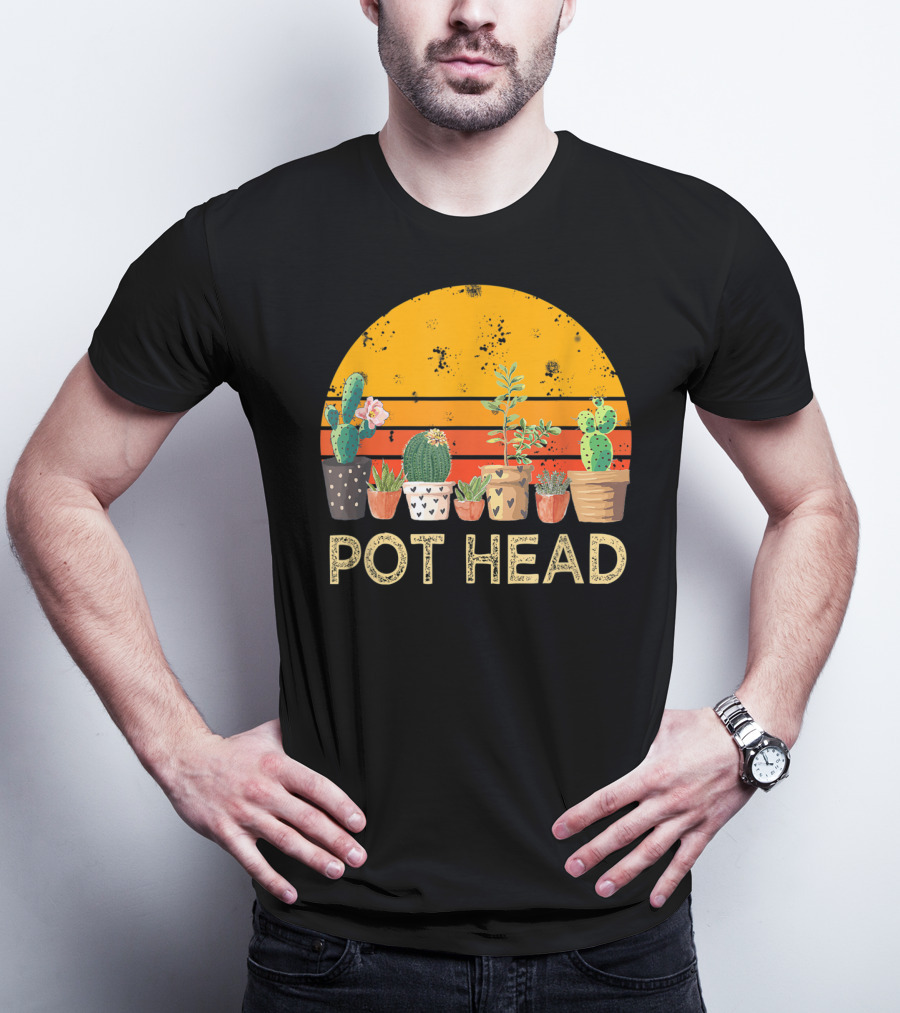 Pot Head Stone Flowers Cactus Vintage Sunset T-Shirt