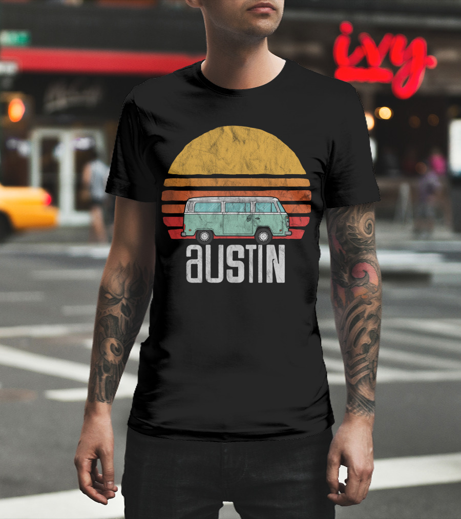 Retro Austin Texas Hippie Van Sunset Beach Bum Surfer T-Shirt