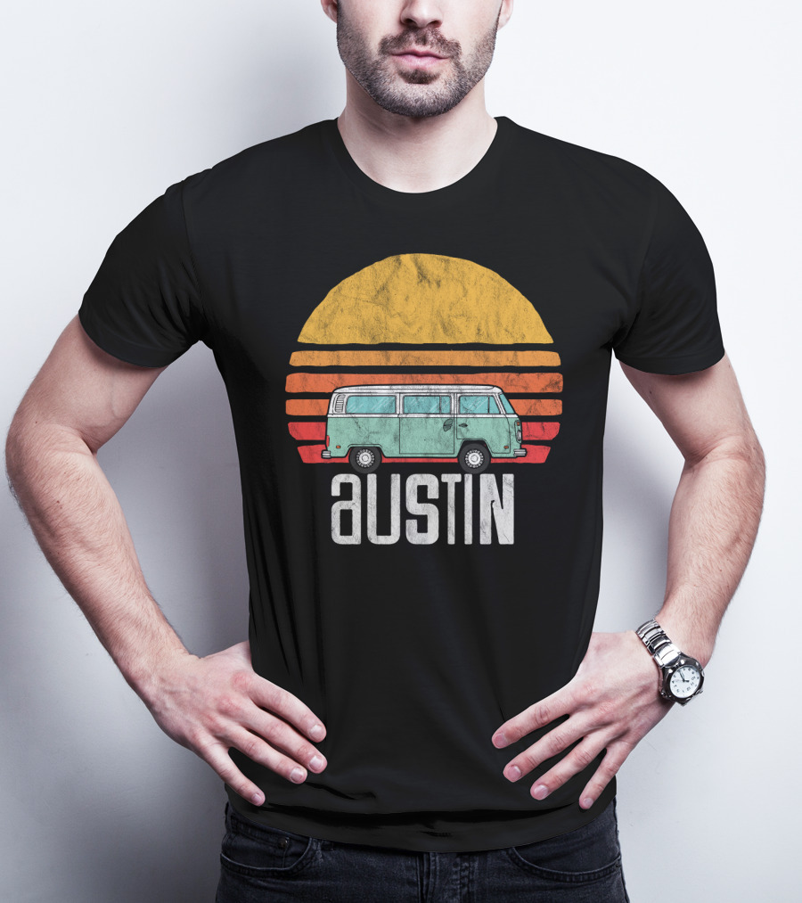 Retro Austin Texas Hippie Van Sunset Beach Bum Surfer T-Shirt