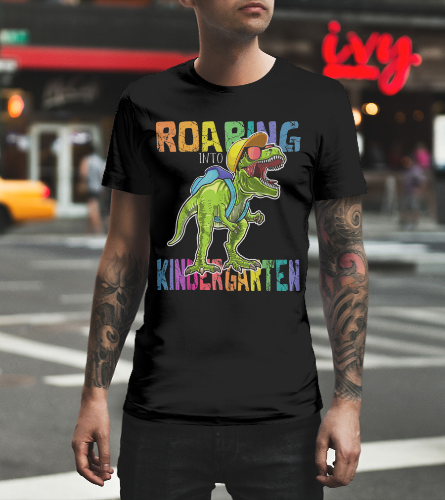 Roaring Into Kindergarten Dinosaur Rex With Backpack And Sunglasses T-Shirt