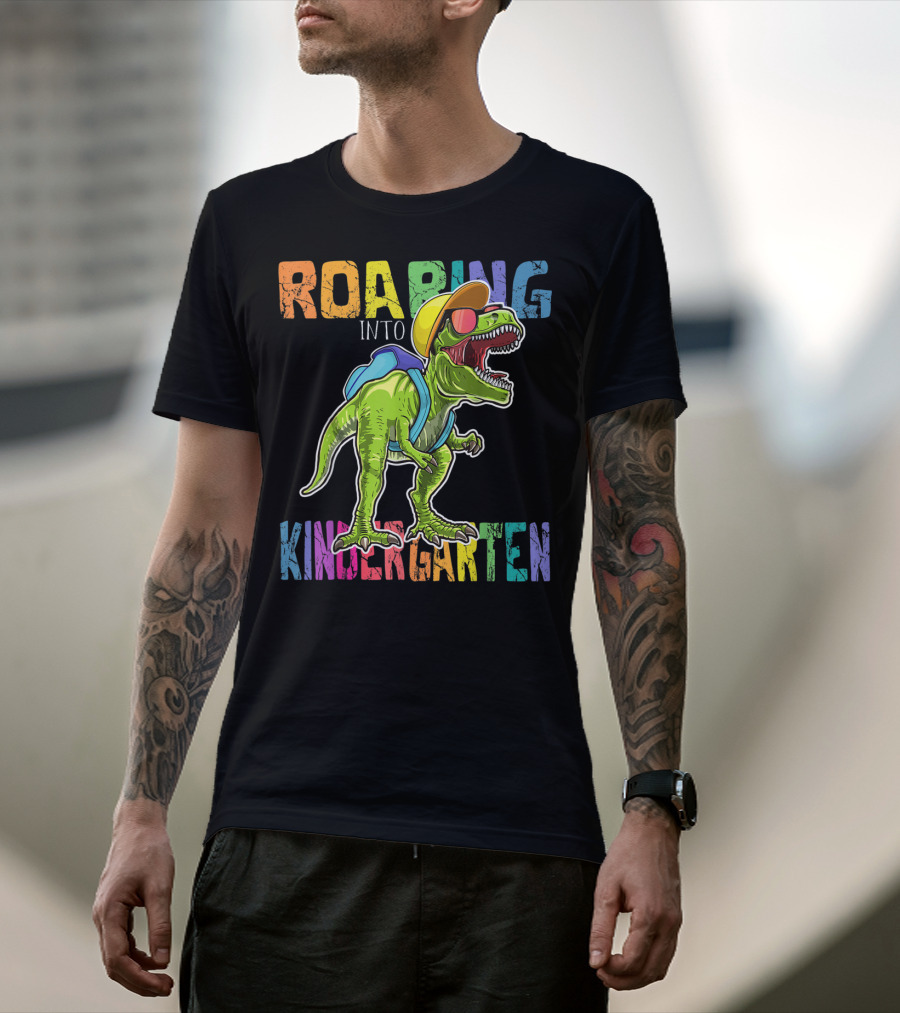 Roaring Into Kindergarten Dinosaur Rex With Backpack And Sunglasses T-Shirt