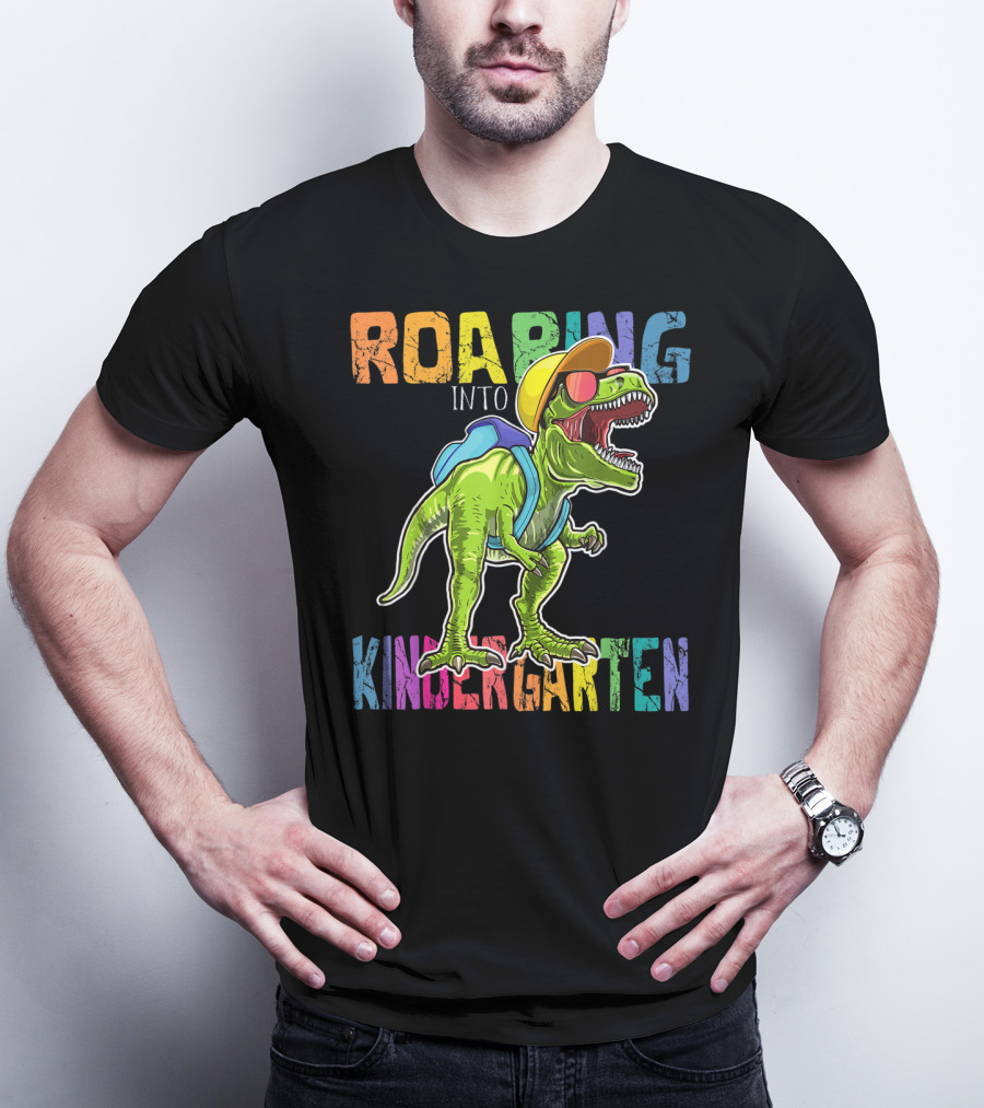 Roaring Into Kindergarten Dinosaur Rex With Backpack And Sunglasses T-Shirt