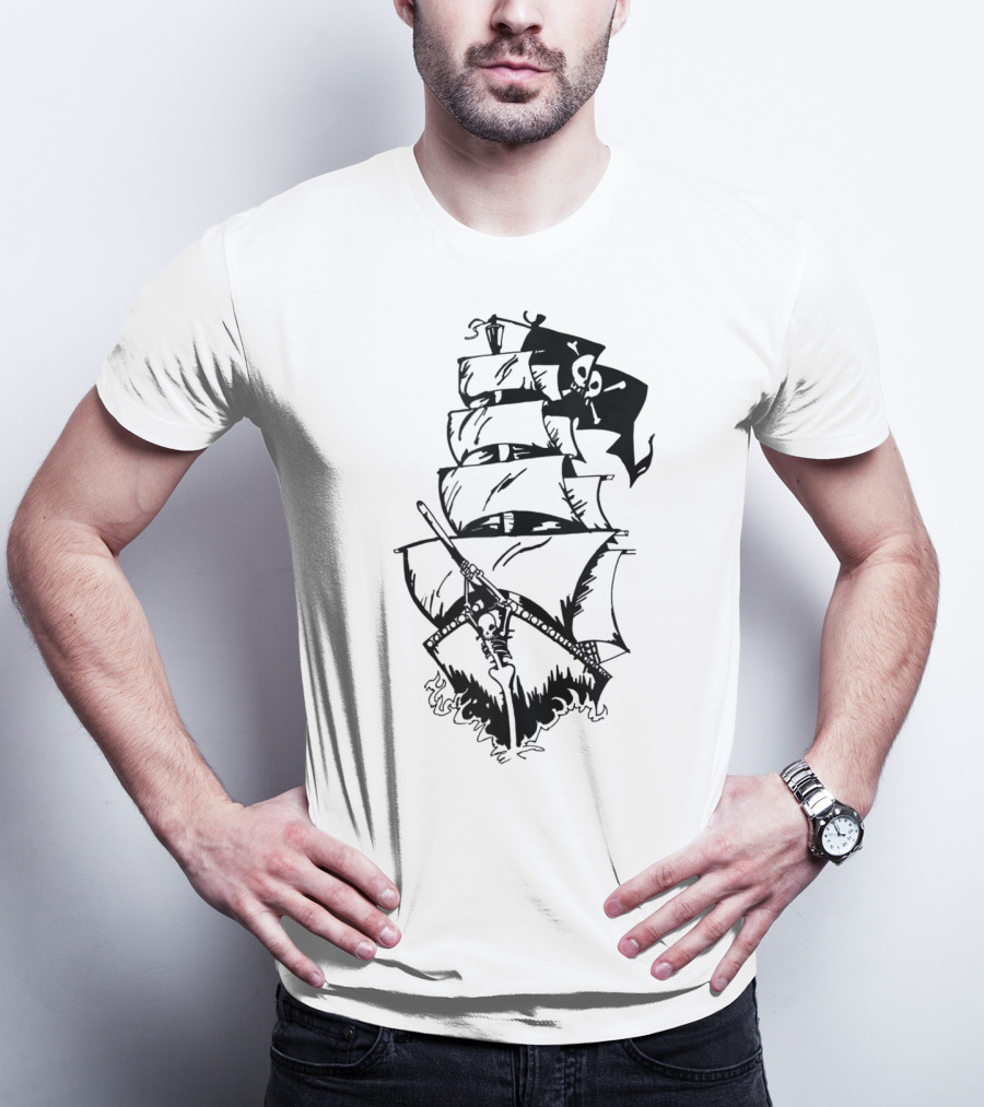 Pirate Ship With Jolly Roger Flag And Skeleton Captain T-Shirt