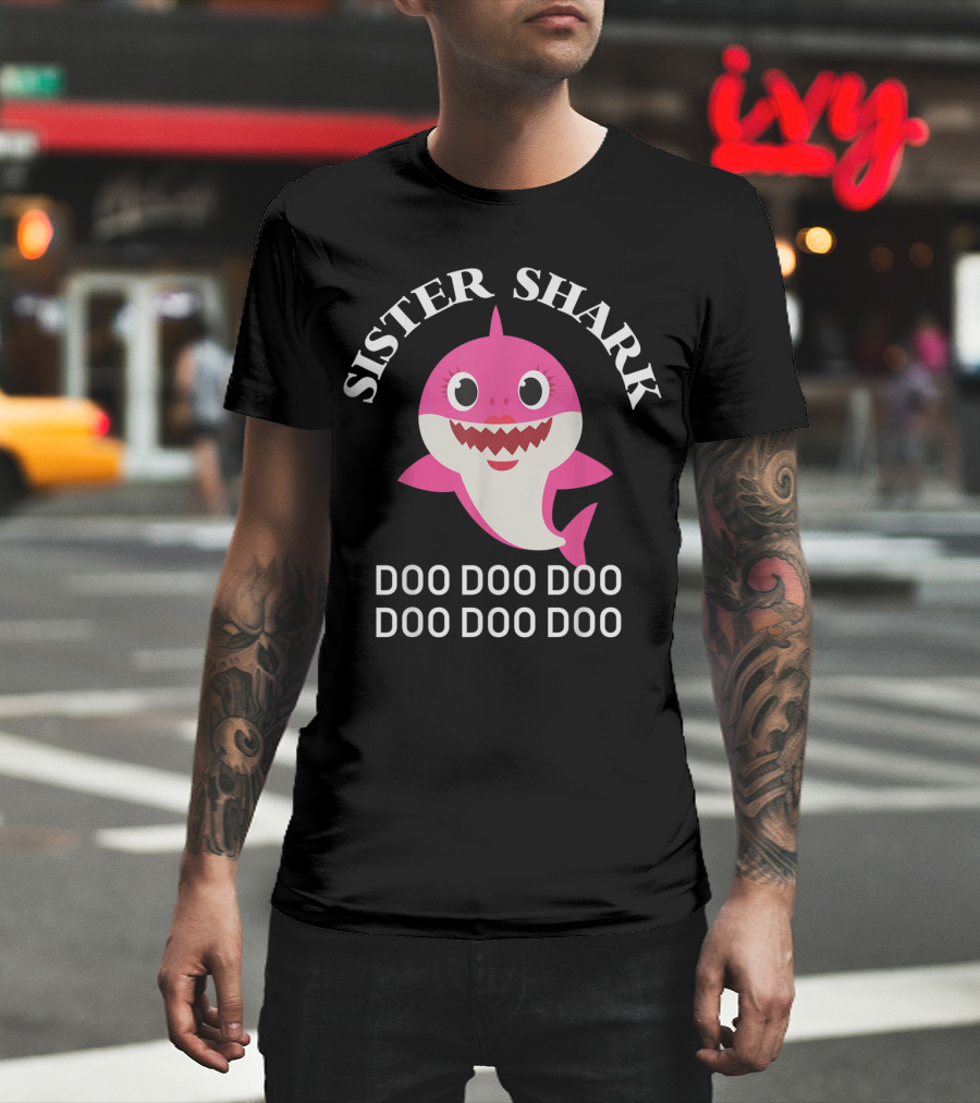 Sister Shark Doo Doo Doo Doo Doo Doo Pink Cartoon Family Shark T-Shirt