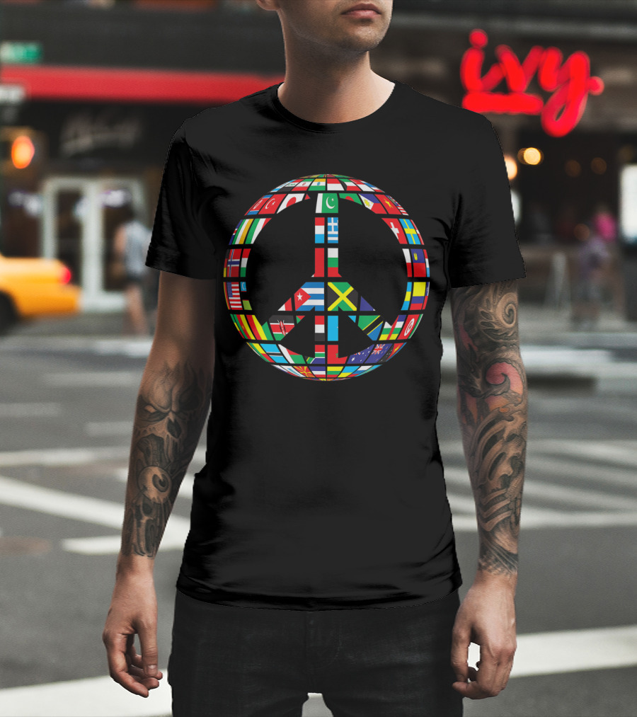 Global Peace Symbol With International Flags Multicultural Unity T-Shirt