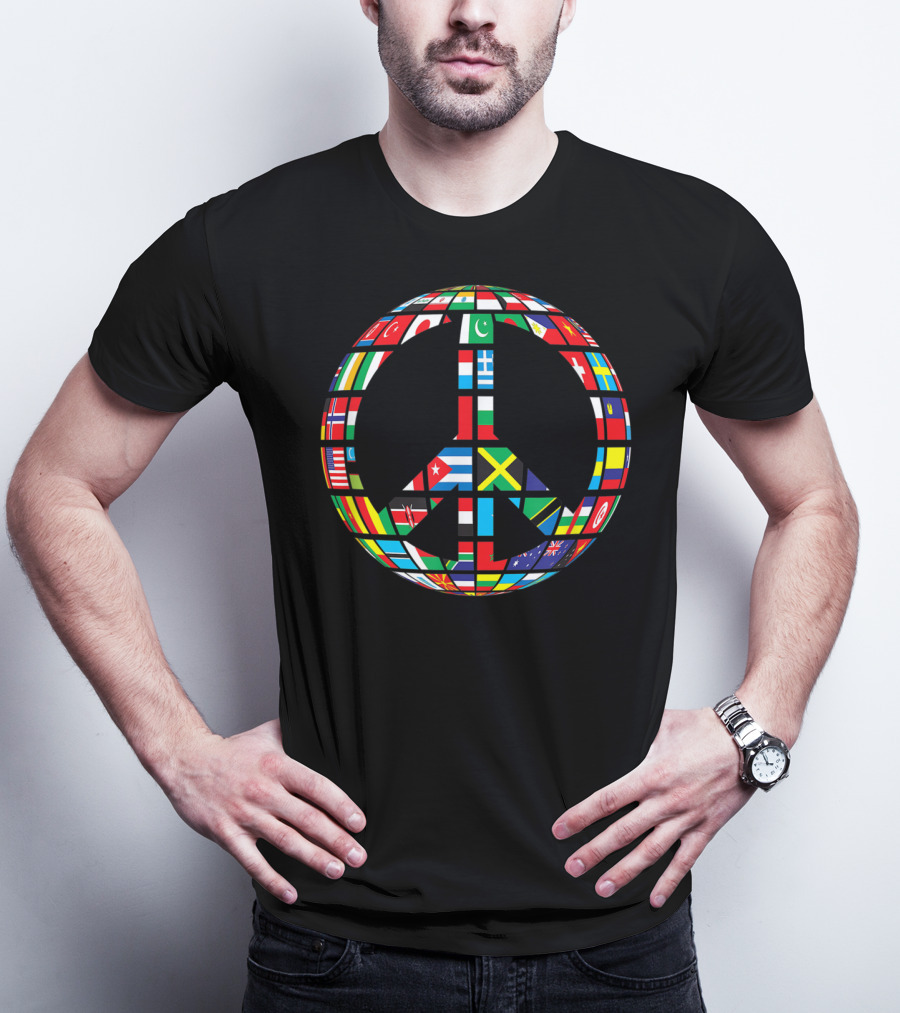 Global Peace Symbol With International Flags Multicultural Unity T-Shirt