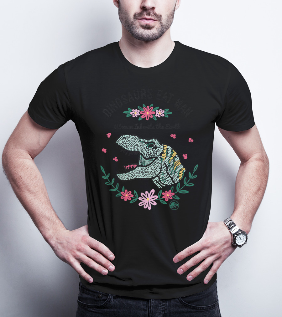 Jurassic Park Dinosaurs Eat Man Woman Inherits The Earth T-Rex Floral T-Shirt