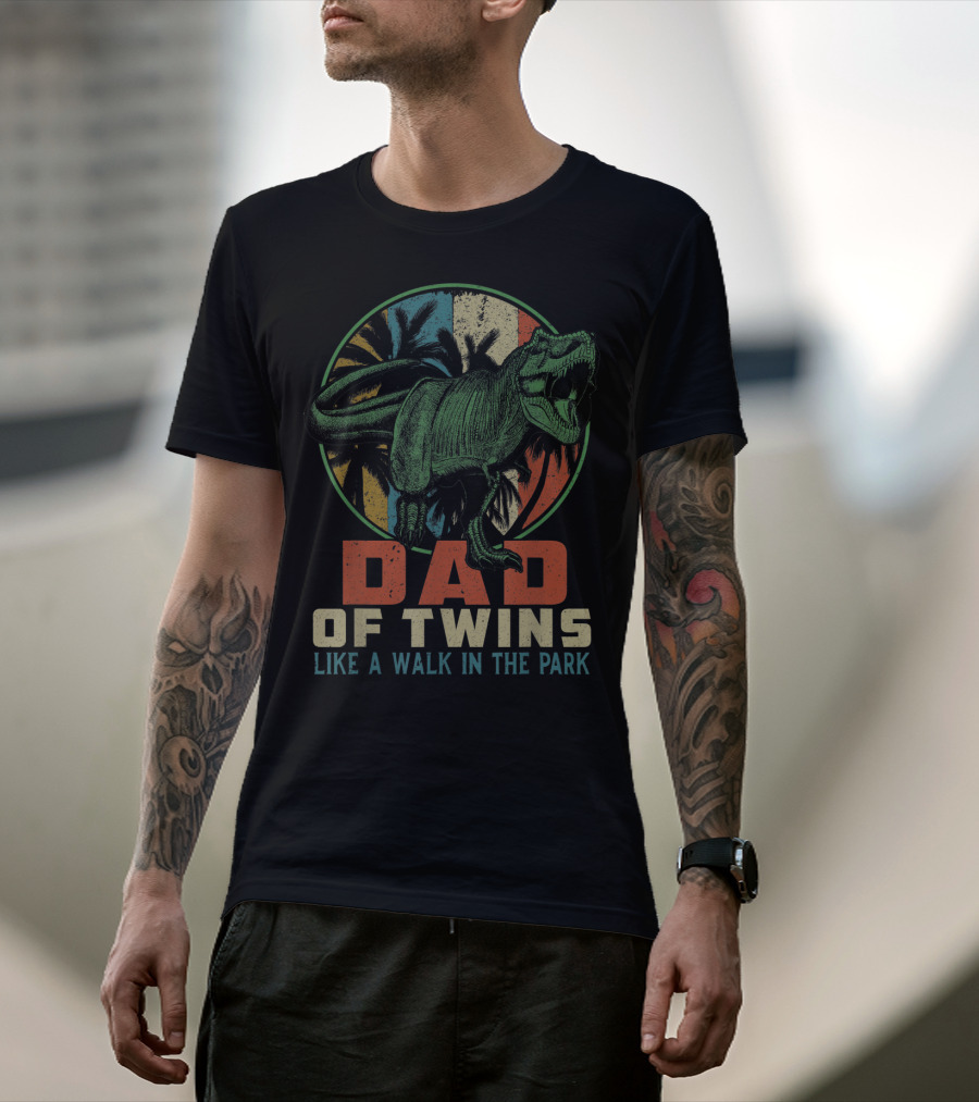 Dad Of Twins Like A Walk In The Park Dinosaur T-Shirt