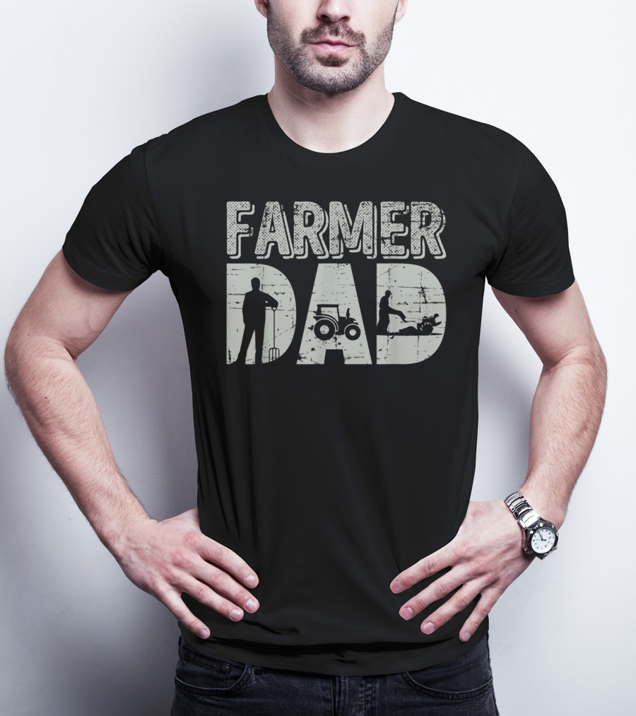 Farmer Dad Farming Tractor And Pitchfork T-Shirt