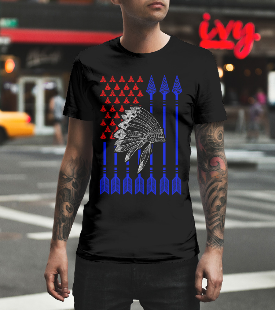 Native American Day Headdress Red Teepees Blue Arrows Flag T-Shirt