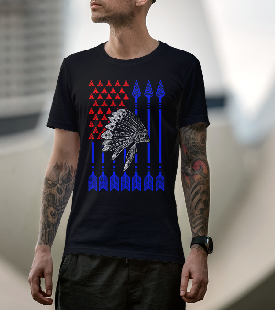 Native American Day Headdress Red Teepees Blue Arrows Flag T-Shirt