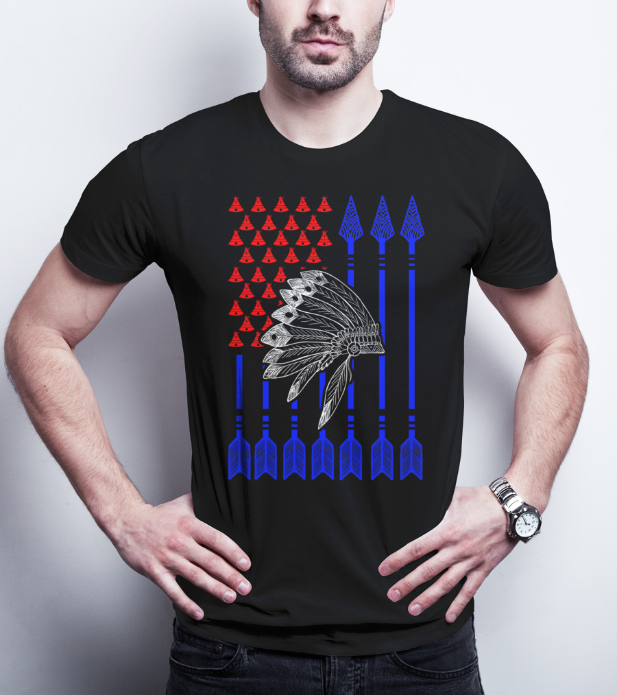 Native American Day Headdress Red Teepees Blue Arrows Flag T-Shirt